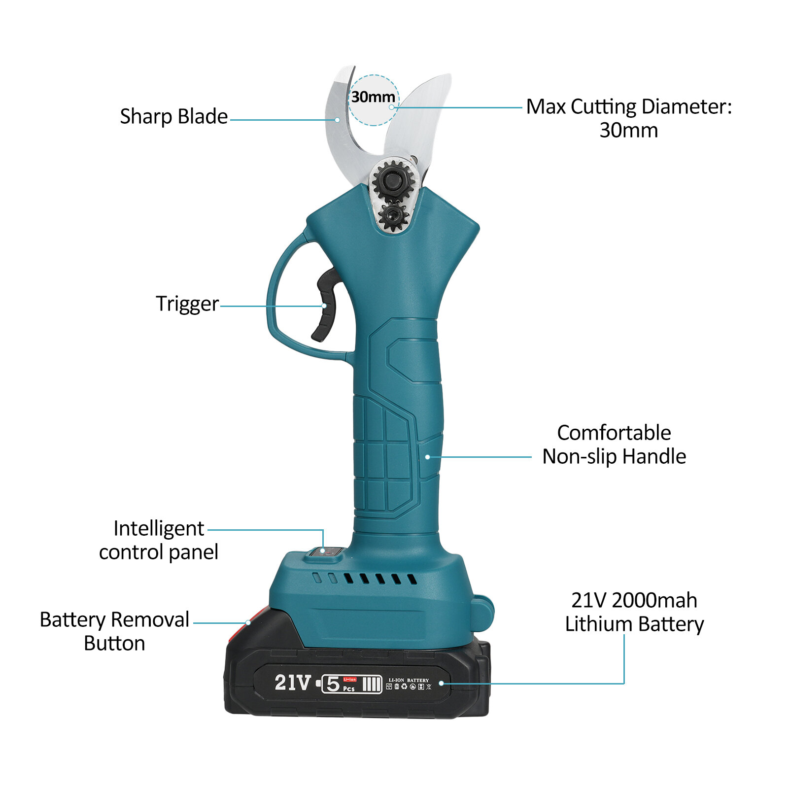 21 В портативный беспроводной электрический секатор с футляром для переноски, перезаряжаемый литиевый аккумулятор емкостью 2000 мАч и зарядное устройство, садовые ножницы для обрезки веток деревьев, максимальный диаметр реза 30 мм