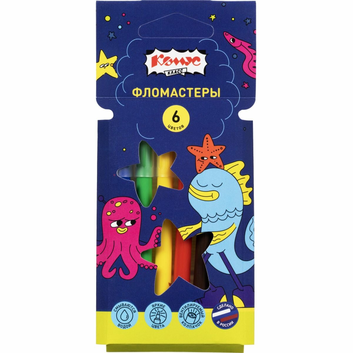 Набор фломастеров 6 цветов Комус Класс "Максики" (линия 1-3мм, смываемые) картон. уп. (2162237)