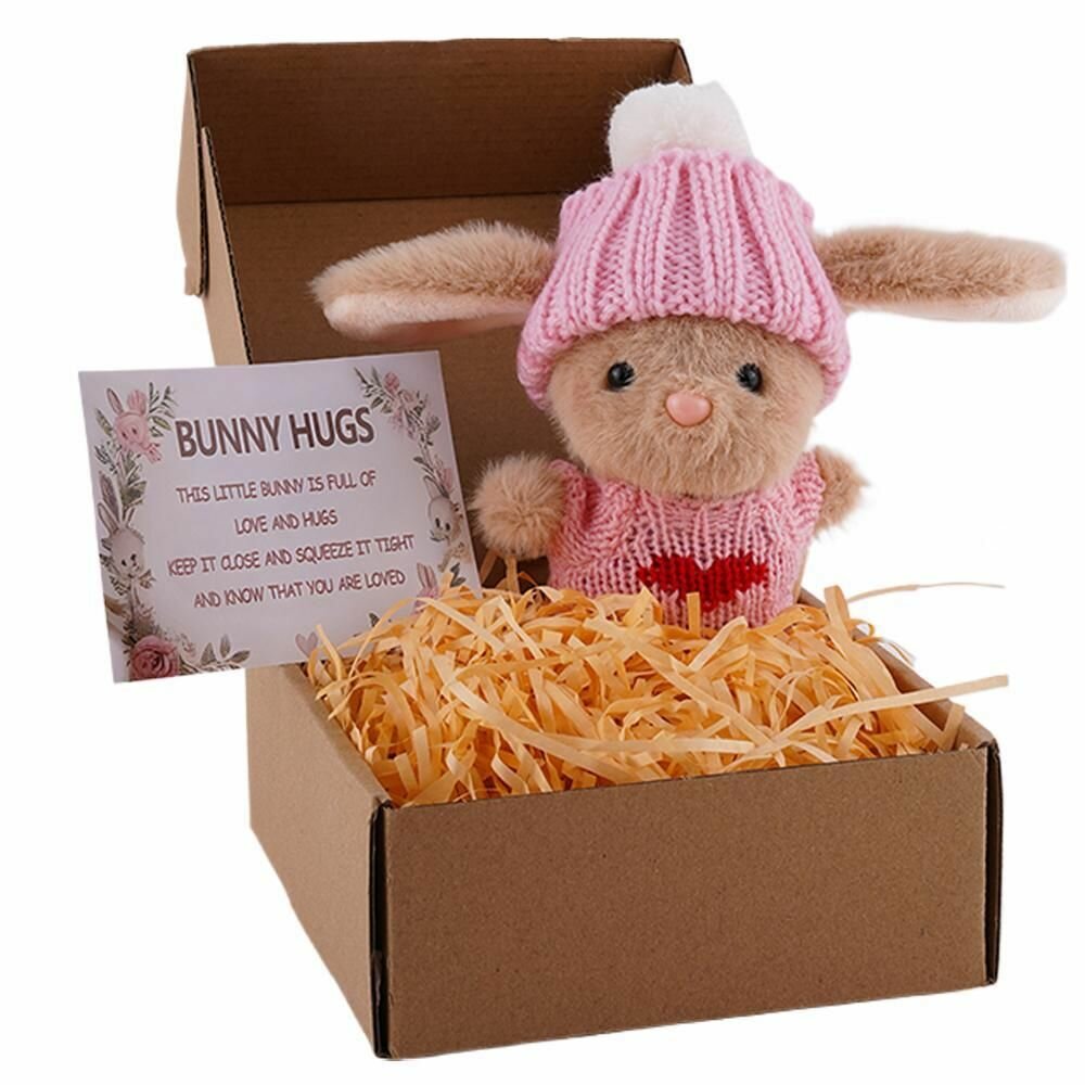 Эмоциональная поддержка - Плюшевый зайчик с вязаной шапочкой, мини-плюшевый заяц для обнимания, подарок для снятия стресса для детей и взрослых (включает коробку для подарков и открытку)