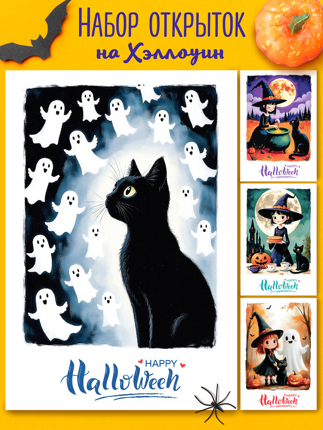 Авторский набор односторонних открыток "Хэллоуин" 10x14,5 4 шт.