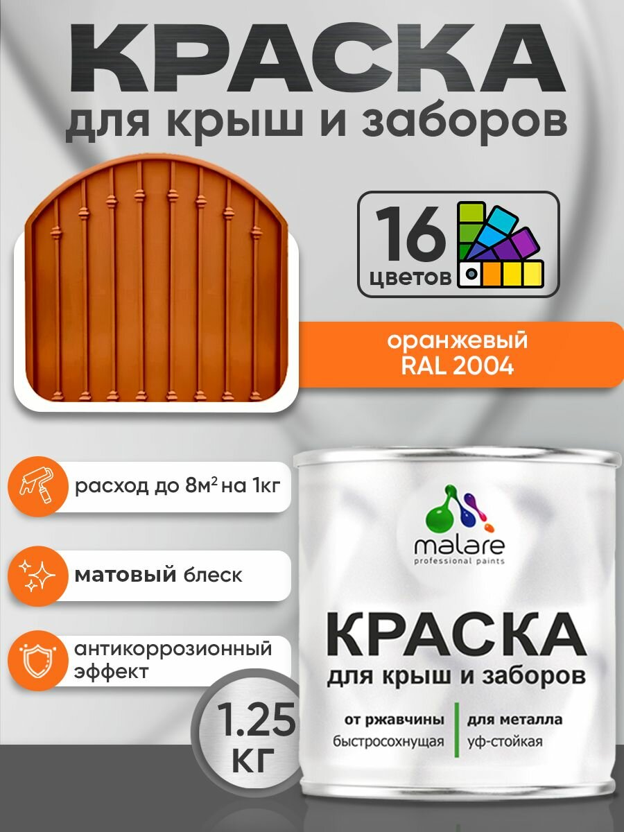 Краска по металлу Malare для крыш и заборов по ржавчине, для наружных работ, быстросохнущая износостойкая RAL 2004 оранжевый, матовая, 1,25 кг