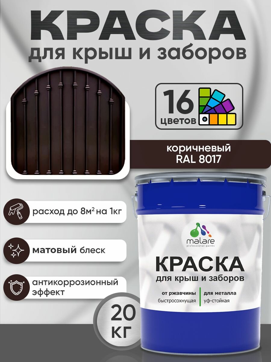 Краска по металлу Malare для крыш и заборов по ржавчине, для наружных работ, быстросохнущая износостойкая RAL 8017 коричневый, матовая, 20 кг