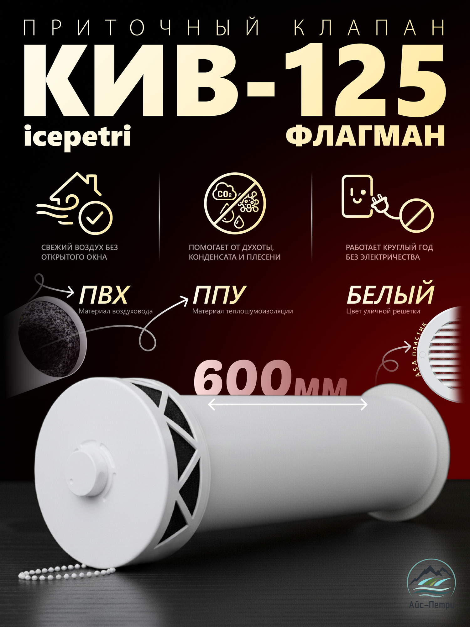 Приточный клапан КИВ-125 флагман 600 ПВХ белый