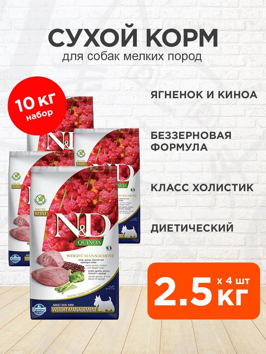 Корм сухой Farmina Dog N&D Grain Free Quinoa Adult Mini Weight Management Lamb для собак с ягненком, 2,5 кг х 4 шт