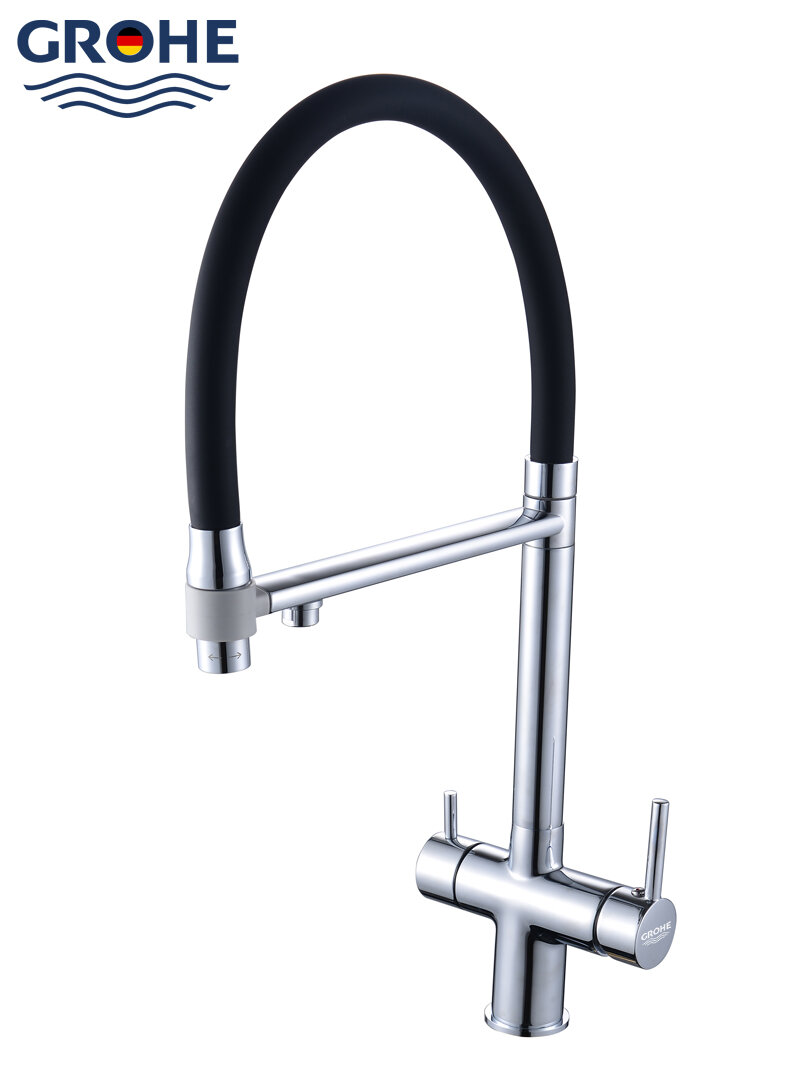 Кухонный смеситель Grohe с диспенсером для питьевой воды и гибким поворотным изливом из силикона.