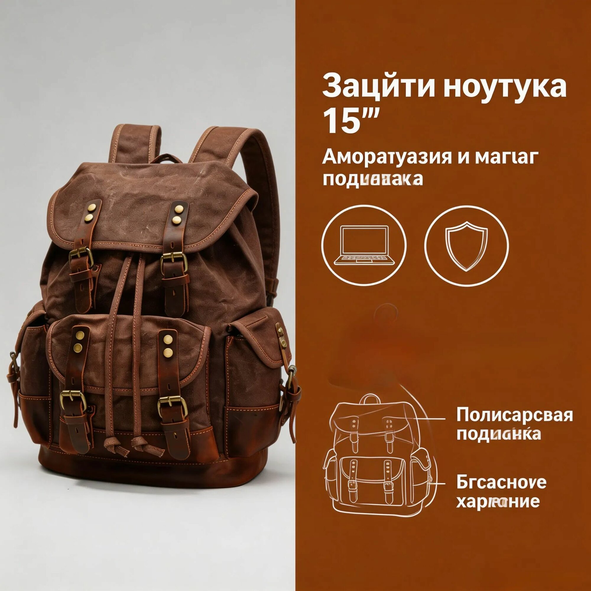 Рюкзак походный водонепроницаемый из масляной ткани 30л, винтажный для рыбалки и путешествий — фото 1