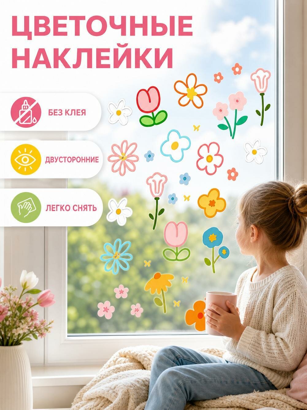 Электростатические наклейки на окно Лето ромашки
