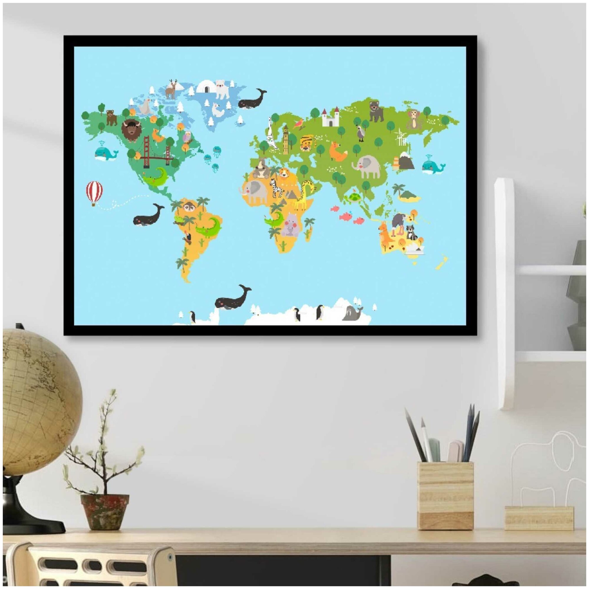 Постер "Карта мира для детской" 40x50 в черной рамке для интерьера на стену