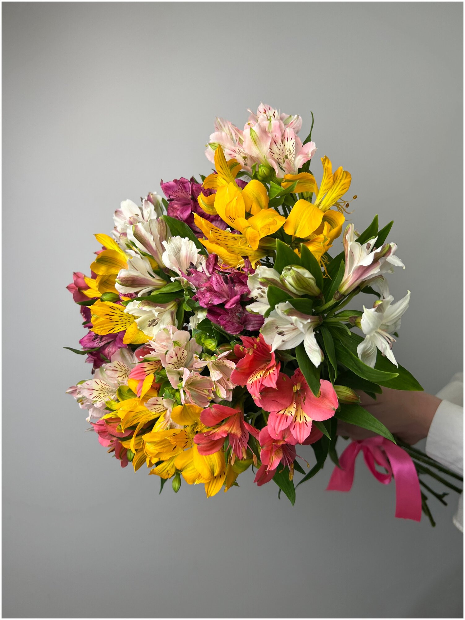 Букет альстромерий микс ,17 штук, 60 см+, под атласный бант.