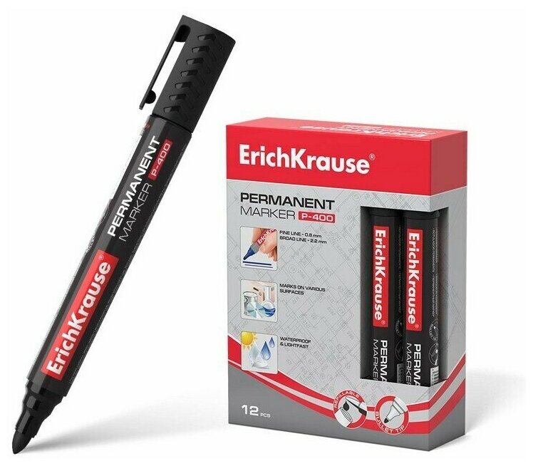 Маркер перманентный Erich Krause P-400, круглый, 0,8-2,2 мм, черный