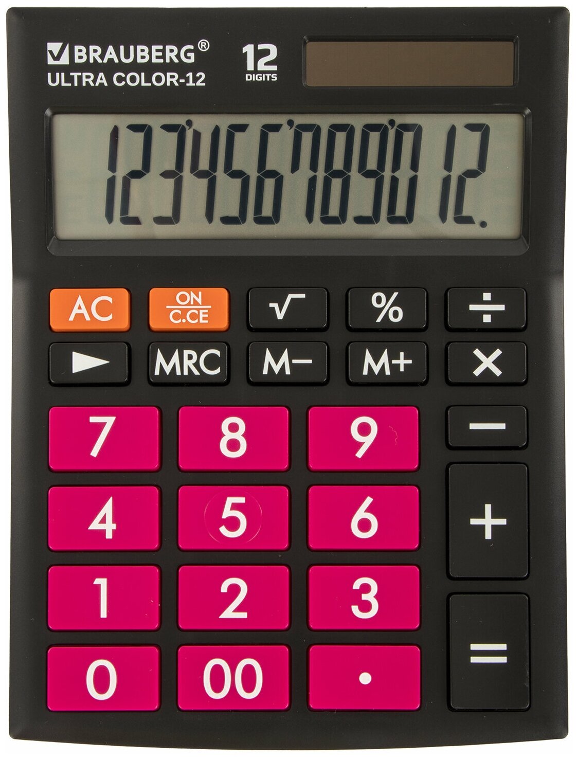 Калькулятор настольный BRAUBERG ULTRA COLOR-12-BKWR (192x143 мм), 12 разрядов, двойное питание, черно-малиновый, 250500