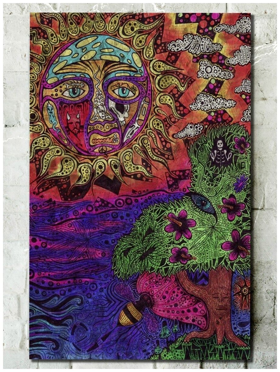 Картина интерьерная на рельефной доске ОСП Хиппи арт (Инди арт, Психоделика, красочная картина) - 7392 В