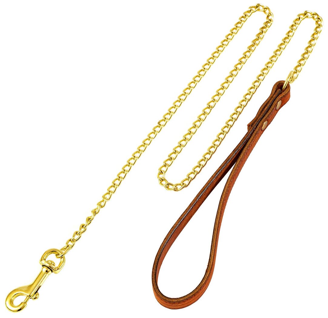 Поводок-цепь для собак с ручкой из натуральной кожи ZooOne, рыжая, 2,0мм*44", золото, длина 110 см, EA-2044BK