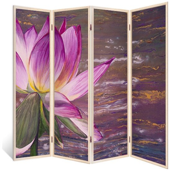 Ширма перегородка Декор Депо для комнаты деревянная "Магия лотоса" двухсторонняя с картинкой (цветы) 4 створки кремовый дуб 176х185 см 14 кг