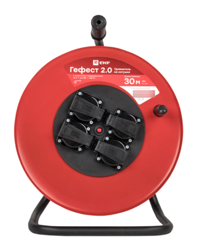 Удлинитель силовой на катушке EKF / ЕКФ PROxima Гефест 2.0 с заземляющими контактами и предохранителем, провод КГ 3х1.5 красный 4 розетки, 16А 3.5кВт 30м, UKA02-16-R315-4-30-IP44 / электрика