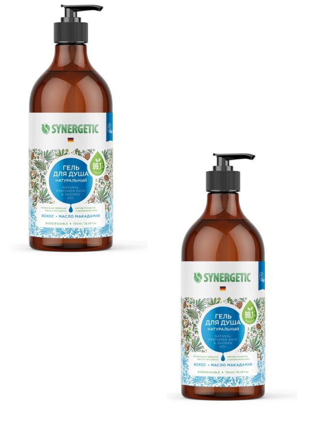 Натуральный биоразлагаемый гель Synergetic для душа Кокос и масло макадамии, 0,75л, 2шт