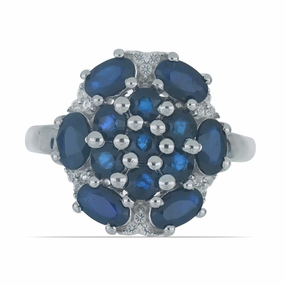 Кольцо, серебро, 925 проба, родирование, циркон, сапфир