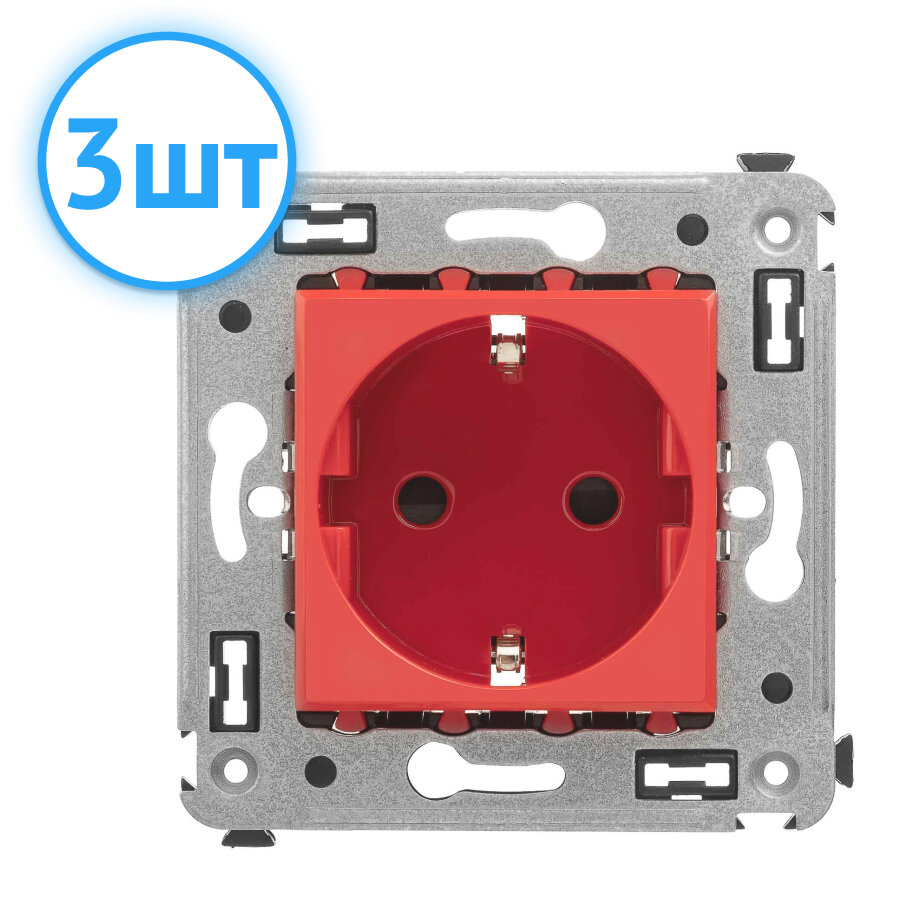 Механизм розетки DKC Avanti 2P+E с заземлением и шторками "Красный квадрат" 4401003 (комплект из 3шт.)