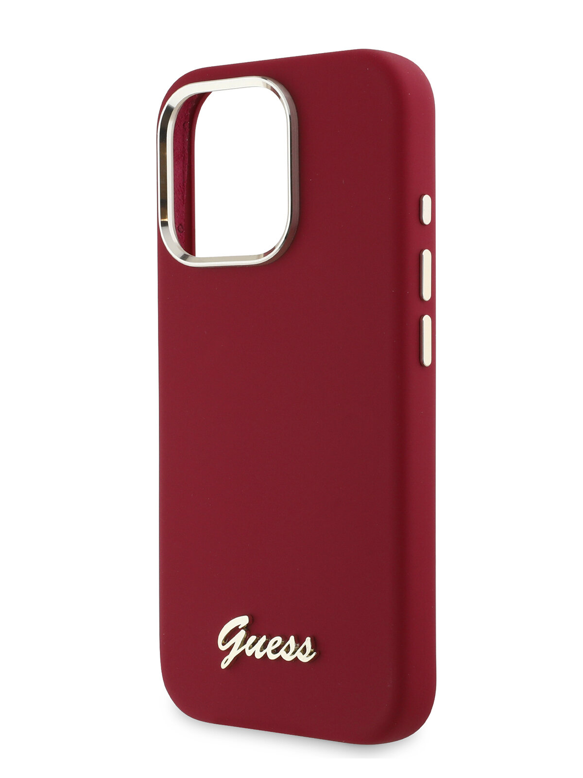 Guess для iPhone 16 Pro чехол Liquid silicone Gold metal logo & Camera frame Hard Magenta