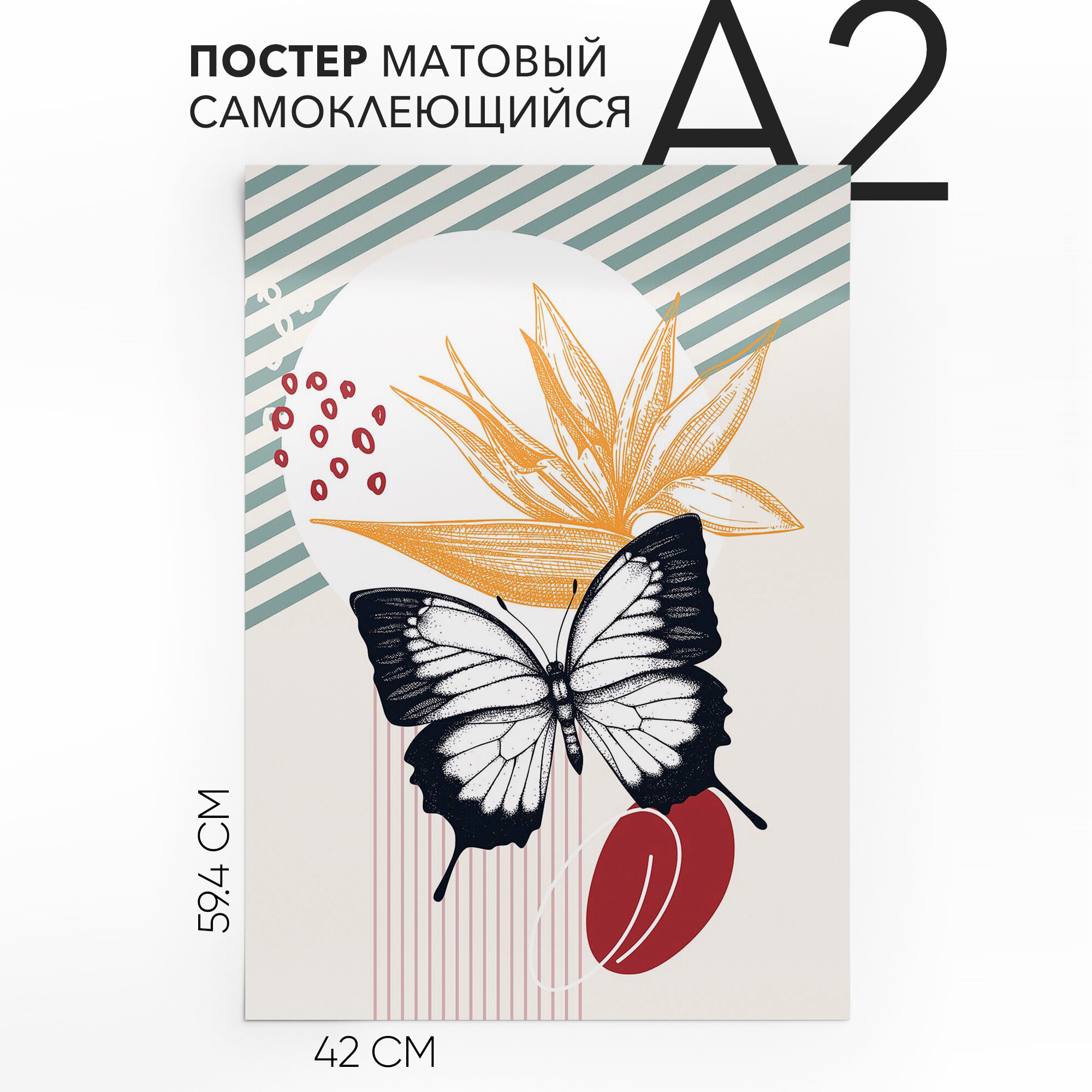 Постеры на стену интерьерные самоклеящийся, большой A2 Бабочка, влагостойкий, для декора