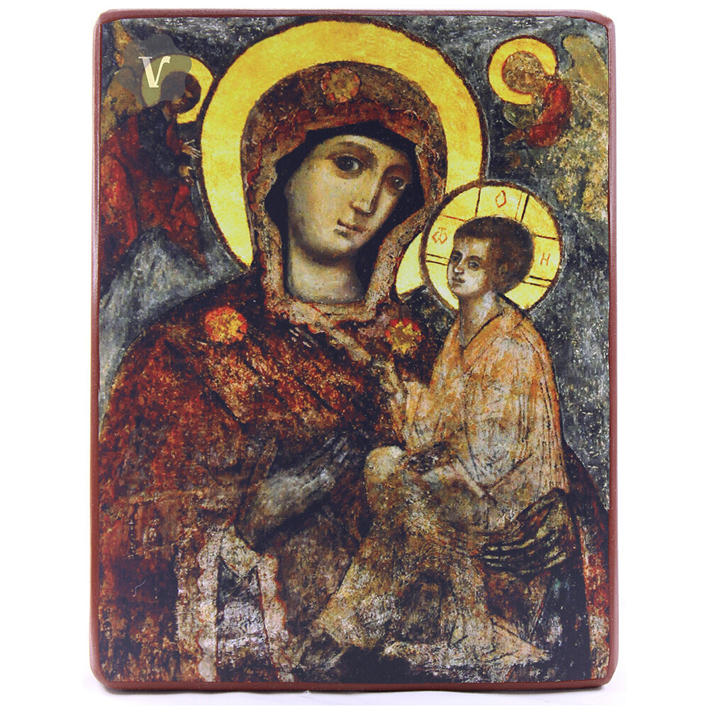 Икона Божией Матери Тихвинская с предстоящими Архангелами Михаилом и Гавриилом, деревянная иконная доска, ручная работа, левкас (Art.1155С)