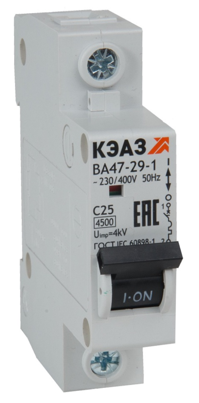 Автоматический выключатель КЭАЗ ВА47-29-1D25-УХЛ3 (4,5кА), 1P 25А характеристика D, 4.5кА, 318214 / электроавтомат
