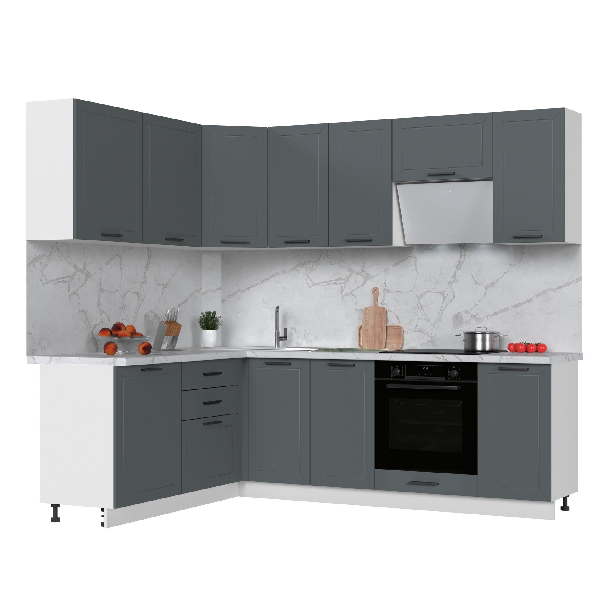 Кухонный гарнитур угловой, столешница Гранит Белый 26мм, Кухня Горный ледник 180х240см Белый/Маренго силк