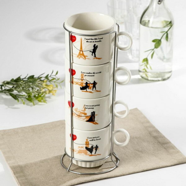 Набор кружек керамических на металлической подставке "Любовь на двоих", 4 предмета: 220 мл, цвет белый