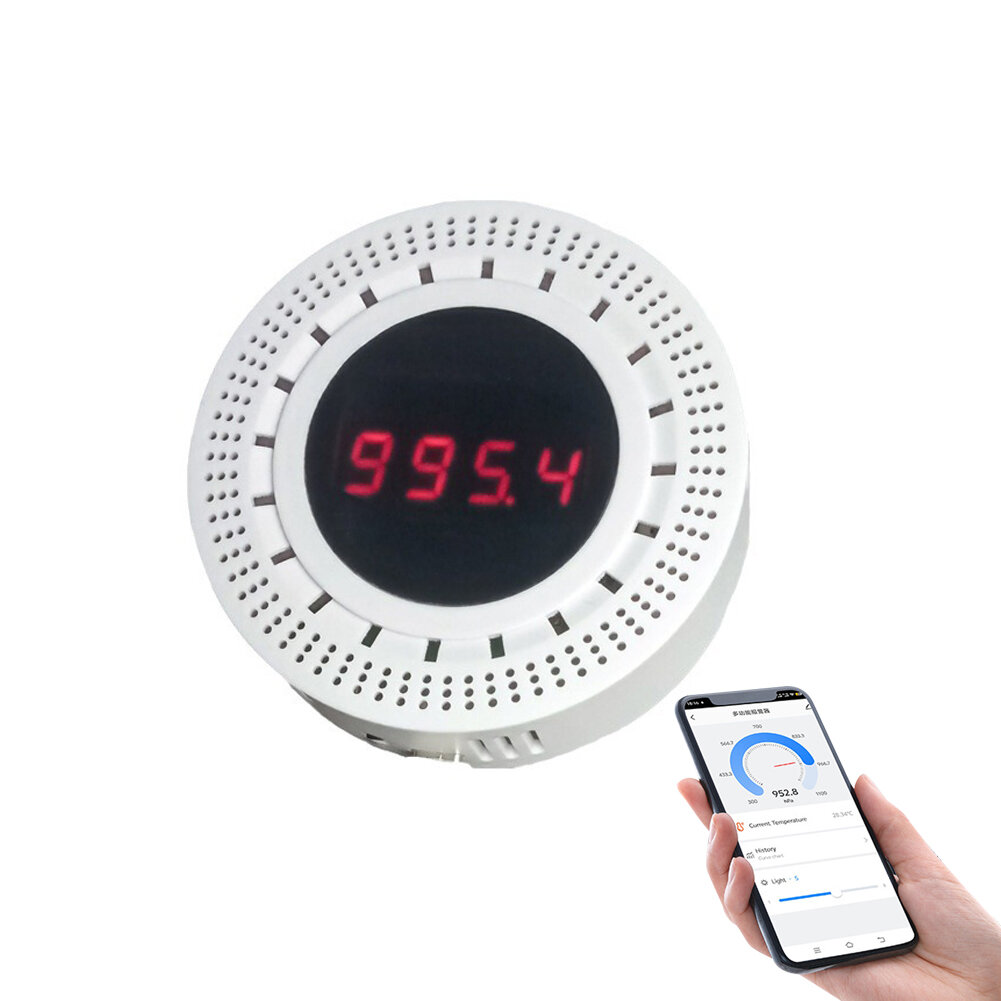 Интеллектуальный датчик атмосферного давления Tuya ZigBee с функциями измерения температуры и влажности, интегрированный в систему домашней автоматизации.
