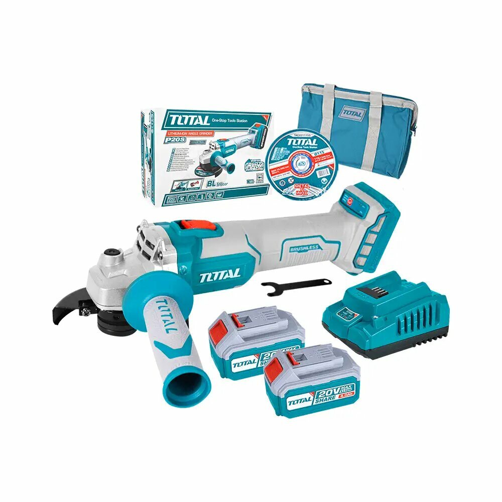 Угловая шлифмашина 115мм TOTAL "TAGLI2011582", с двумя аккумуляторами, 4 Ач