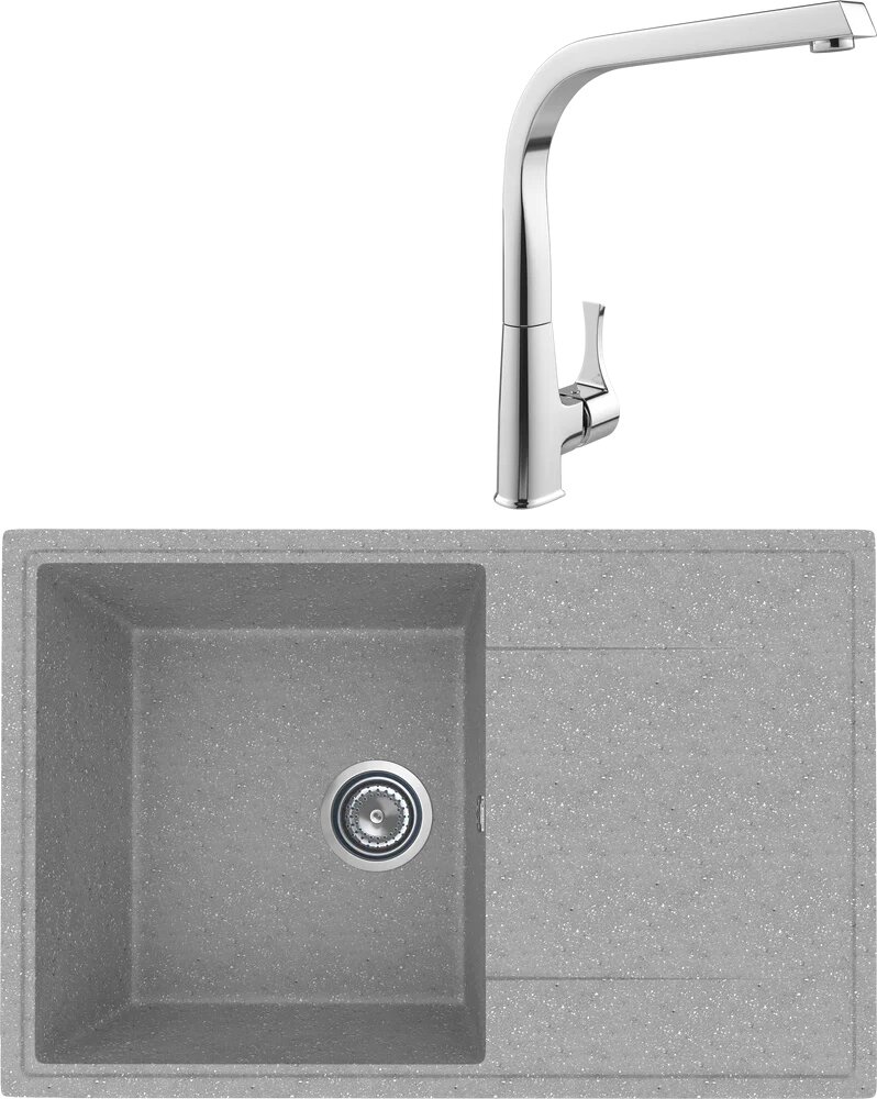 Комплект Мойка Practik PR-M 735-003 73x47, светло-серая, искусственный мрамор / Смеситель MEGA Mega MG-SUN03 глянцевый хром