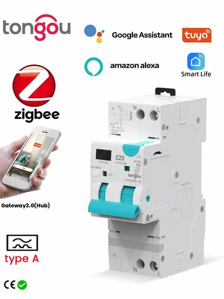 1-20. Регулируемый ZigBee RCBO тип A интеллектуальный автоматический выключатель с защитой от перегрузки по току и утечки.
