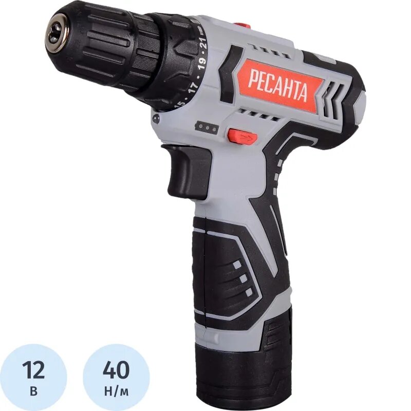 Дрель-шуруповерт аккумуляторная РЕСАНТА 12В, ДА-12-2Л (75/14/1)