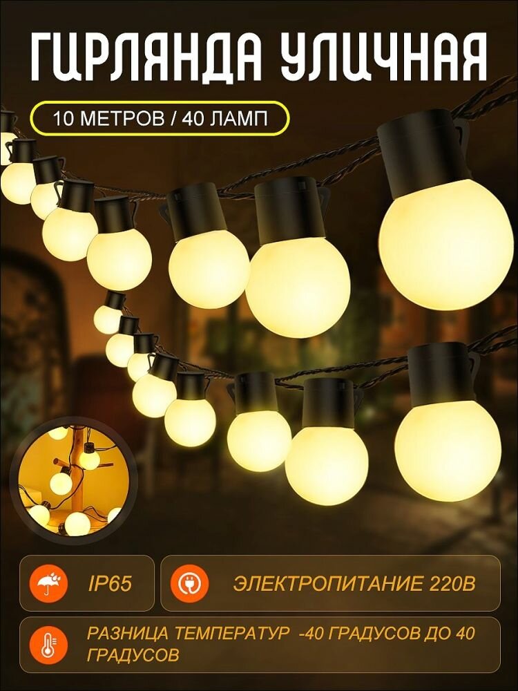 Электрогирлянда "Ретро", уличная, 10 м, 40 LED ламп, IP 65, теплый свет, белая