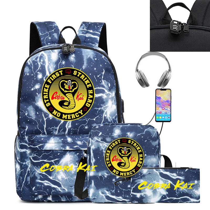 Новый американский сериал «Каратэ», детский рюкзак «Кобра», сумка для ручек, сумка на одно плечо, парусиновая школьная сумка из трех предметов 01