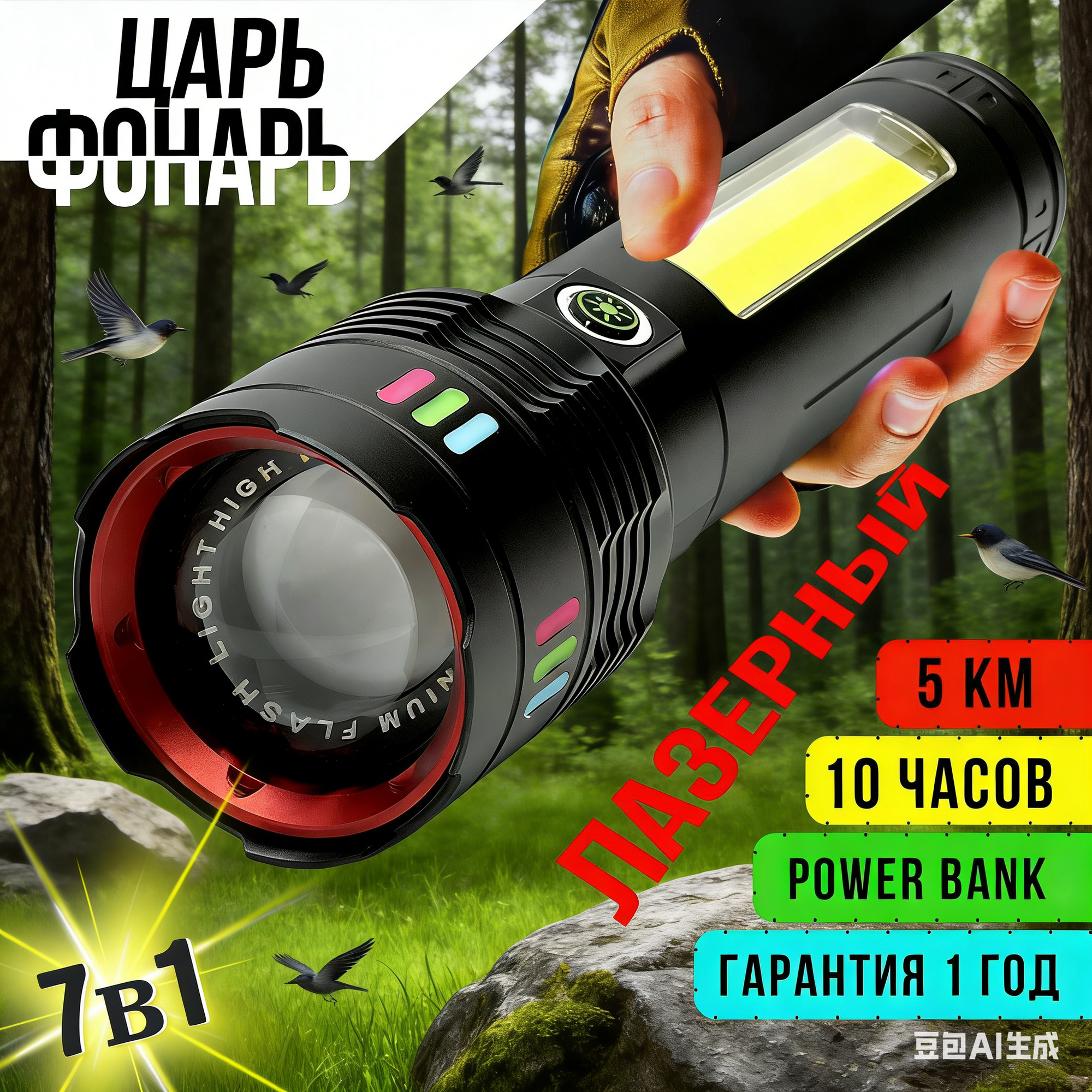 Царь фонарь аккумуляторный 50000 Лм - 5 км дальность, 12 часов работы, лазерный светодиод последнего поколения 7в1
