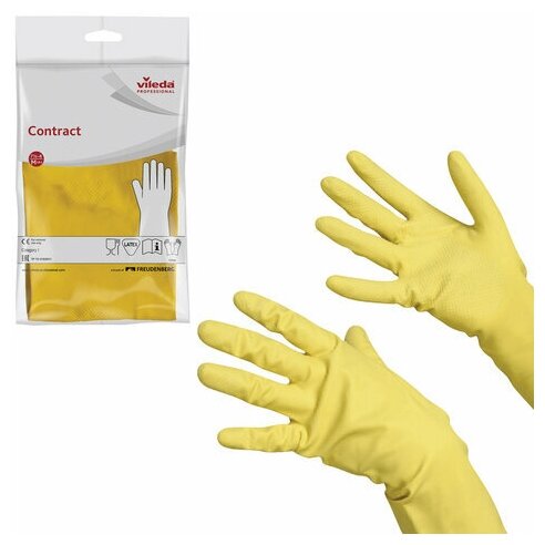 Перчатки хозяйственные резиновые VILEDA "Контракт" с х/б напылением, размер M (средний), желтые, 101017 (цена за 1 ед. товара)