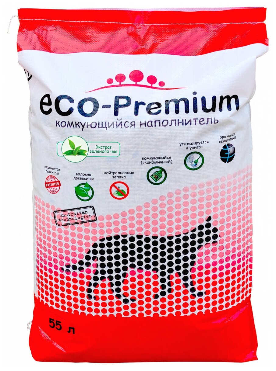 ECO-PREMIUM зеленый ЧАЙ наполнитель древесный комкующийся для туалета кошек с ароматом зеленого чая (7,6 + 7,6 кг)