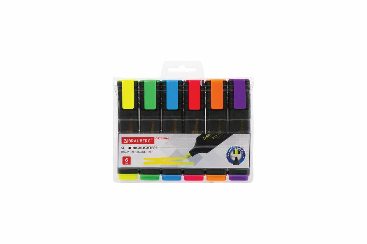 BRAUBERG Набор текстовыделителей 6 шт, ассорти, ORIGINAL, линия 1-5 мм, 151690