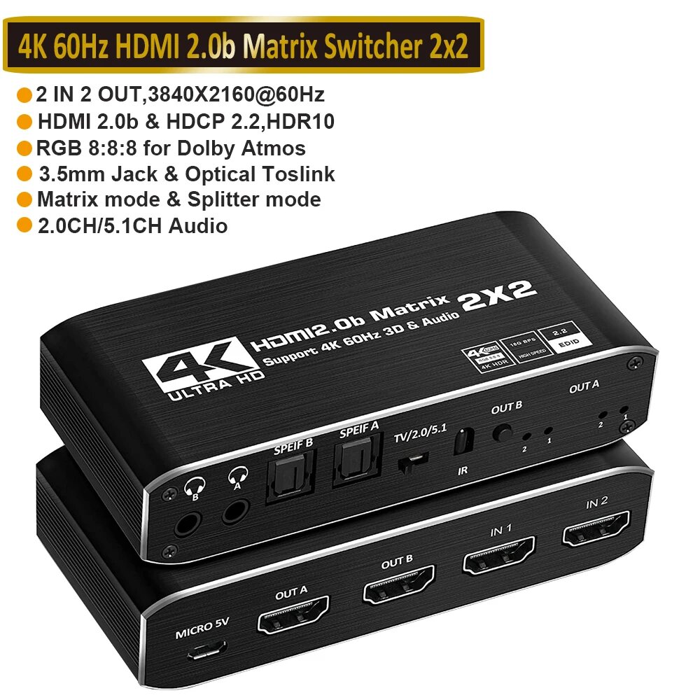 HDMI 2x2 Matrix Switcher 4K@60Гц, ZY-HM22A, EU Power Plug