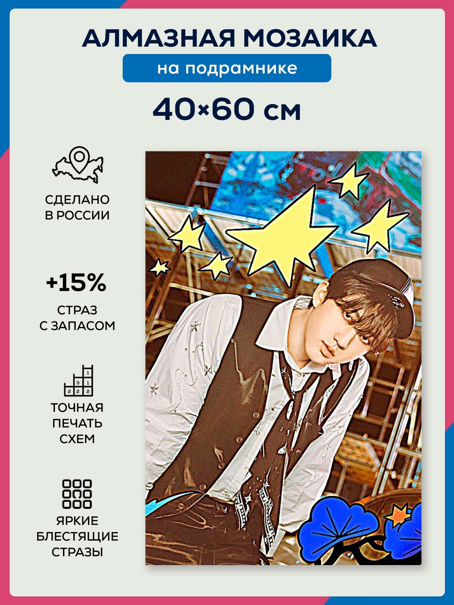 Алмазная мозаика SK Stray Kids 40х60 на подрамнике полная выкладка квадратными стразами