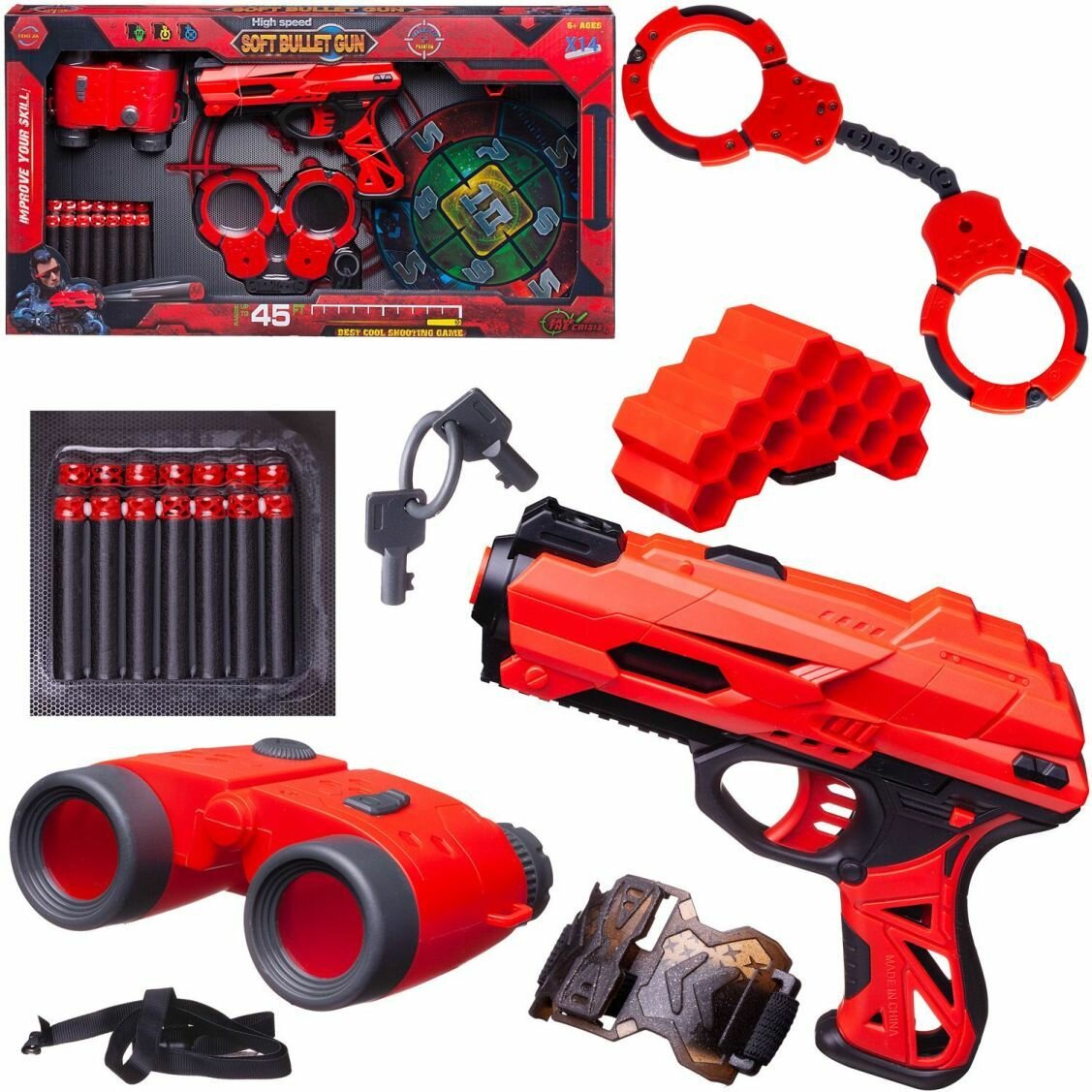 Бластер красно-черный в наборе с аксессуарами и мягкими снарядами (14 шт.)