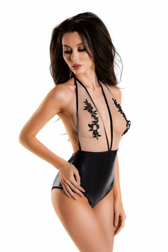 Боди Erowoman Wetlook, кружевное, глянцевое, черное, размер М