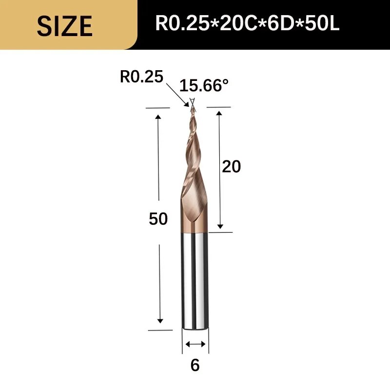 Vsharp Коническая сферическая фреза 6 мм 2-х канальная для 3D резки по дереву R0.25x20Cx6Dx50L