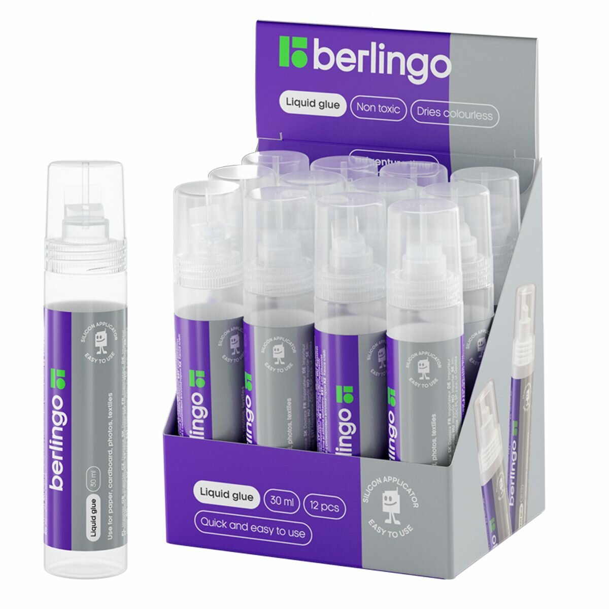 Клей канцелярский жидкий Berlingo, с плоским силиконовым аппликатором, 30мл (FNn_06130), 12шт.
