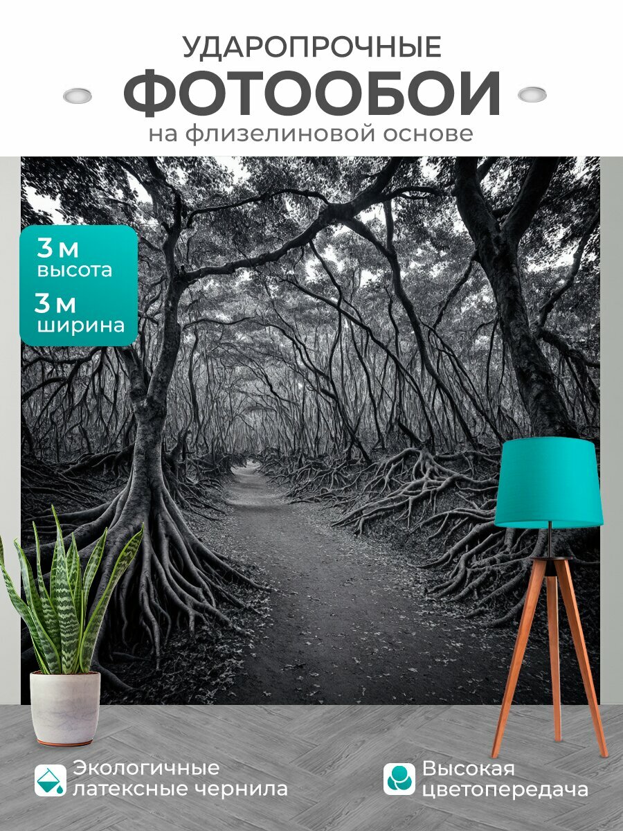 Фотообои моющиеся ударопрочные "Черно-белый: глубокий лес с переплетением корней деревьев и множеством тропинок. атмосфера таинственности и приключений." 300x300 см. флизелиновые на стену