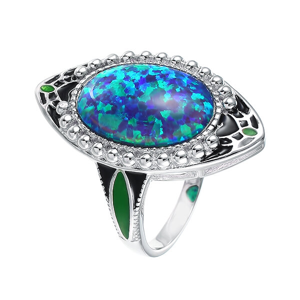 Перстень, серебро, 925 проба, родирование, опал синтетический, эмаль