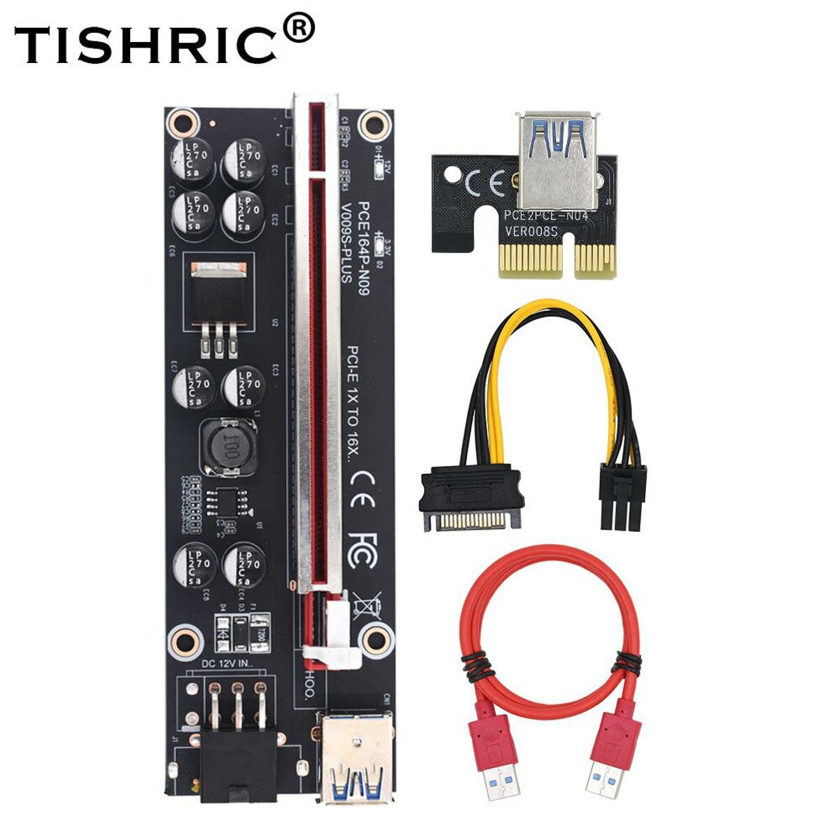 TISHRIC NEW VER009S Plus PCIE PCI-E PCI Riser Card SATA 1X to 16X 6Pin USB 3.0 Cable Express Adapter BTC Mining Miner