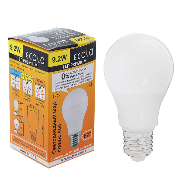 5 шт Светодиодная лампа Ecola LED Premium 9,2W A60 220V E27 2700K 360 композит 106x60 K7SW92ELB 360° груша