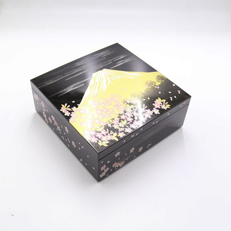 Однослойная новая лаковая коробка среднего размера в японском стиле с золотым тиснением, реалистичная коробка для суши с цветами сакуры, бенто-коробка, новогодняя обеденная коробка, десертная коробка, подарочная коробка